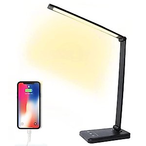 Kitys Fatch LED Touch Sensing Desk Lamp with USB Charging Port, 5 Lighting Modes, 5 Levels of Brightness, 30/60 Minutes Auto Timer, Foldable Desk Lamp for Bedroom, Study Room, (Black)