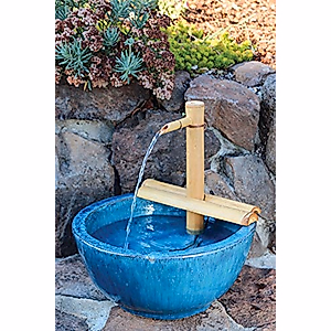 Bamboo Accents Water Fountain with Pump for Patio, Indoor/Outdoor, Adjustable 12-Inch Half-Round Flat Base, Split-Resistant Bamboo