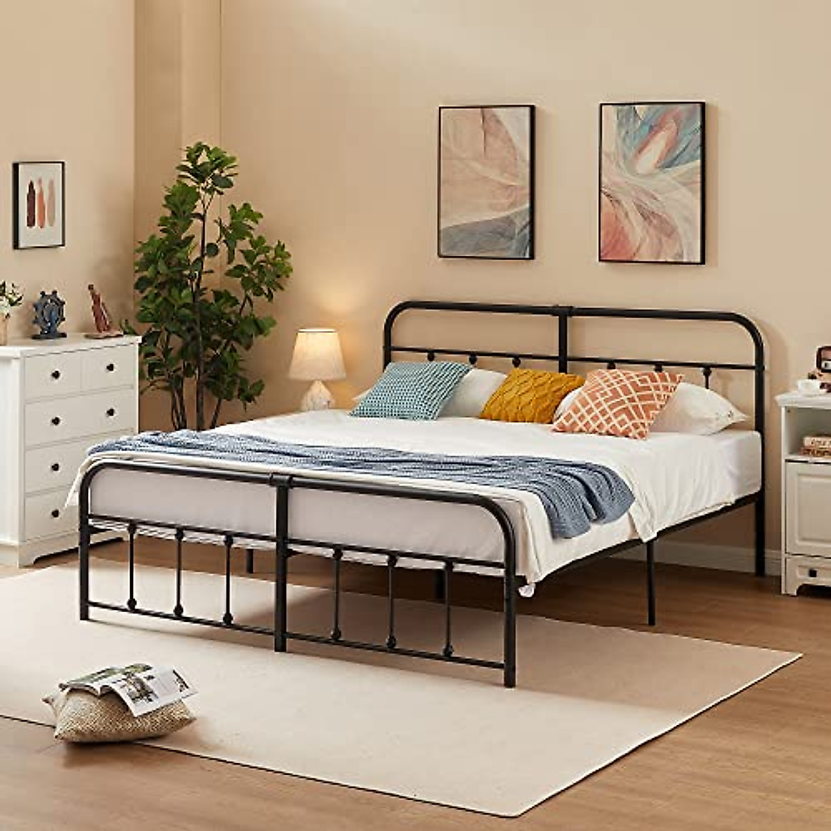 VECELO Bed Frame,King Size Metal Platform with Headboard & Footboard, Premium Steel Slat Support Mattress Foundation,No Box Spring Needed