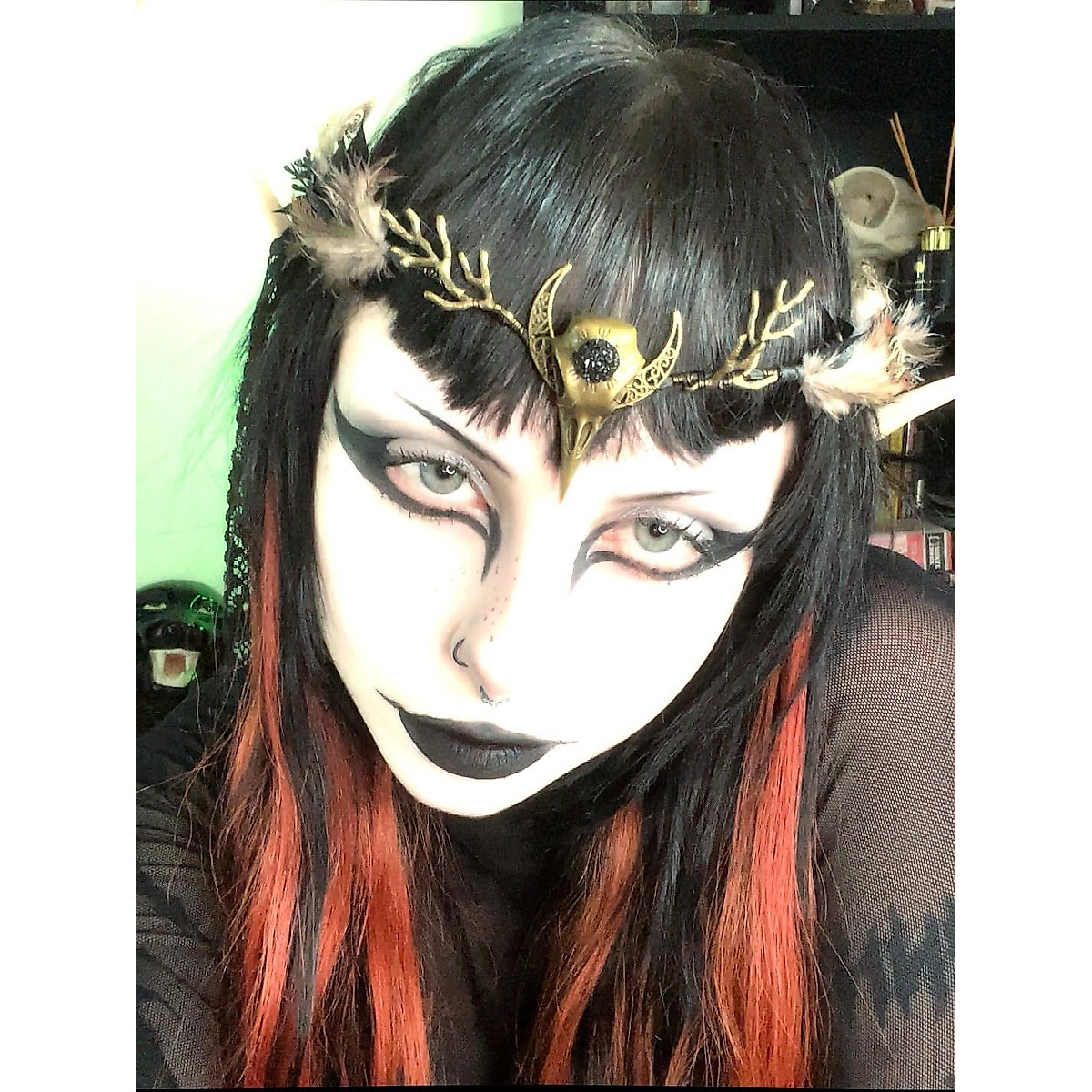 MOSTORY Brown Feather Witch Crown - Handmade Gothic Headpiece Elf Moon Cirlet with Crow Skull Dark Tiara for Women Witch Aesthetic Renaissance Halloween Cosplay Goth Wedding