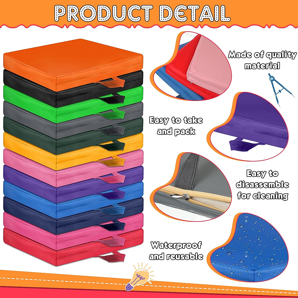 12 Pcs Floor Cushions Bulk for Classroom 15 Inch Colored Flexible Seating with Handle Soft Foam Floor Pillow Kids Floor Seats Cushion for Kids Adults Daycare School Home Office Chair (Square)