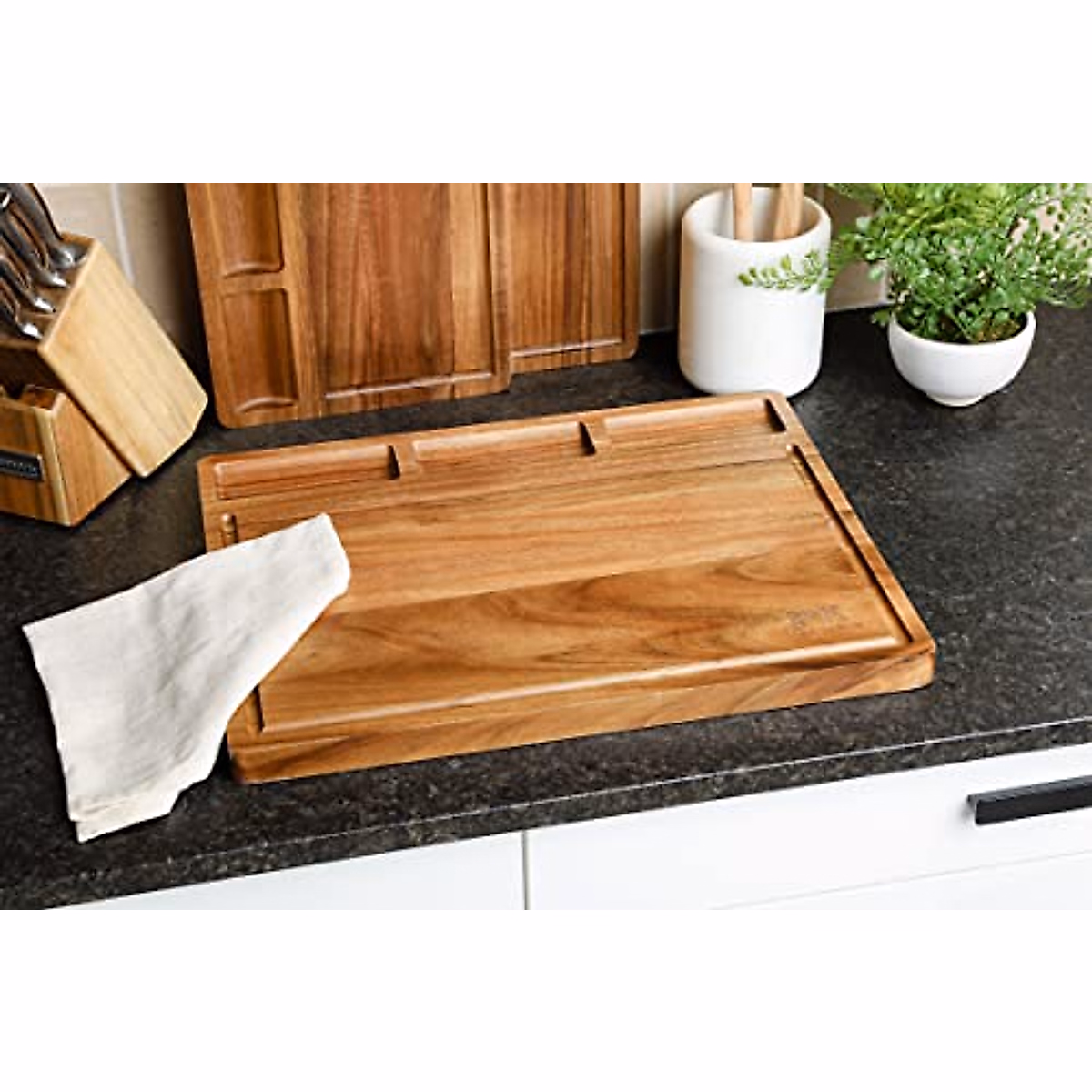 Acacia Wood Cutting Board with Compartments, Cutting Board with Juice Grooves, Charcuterie Board for Meat, Cheese, and Vegetables (Small)
