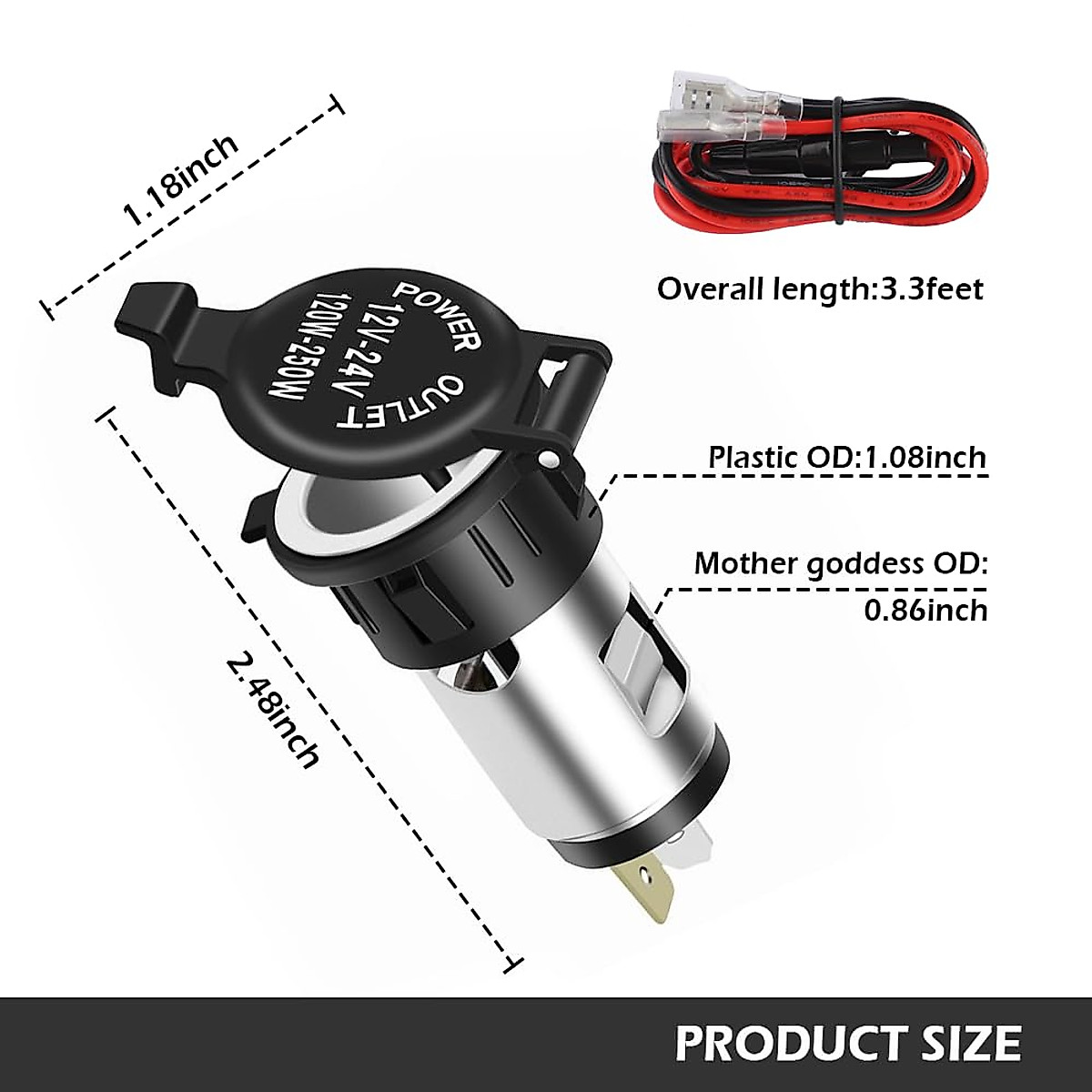 Car Cigarette Lighter Socket - 12V Cigarette Lighter Socket with Waterproof Cover & Extension Cable - Universal Car Accessories Lighter Power Outlet Socket for Car Truck SUV Motorcycle(1PCS)