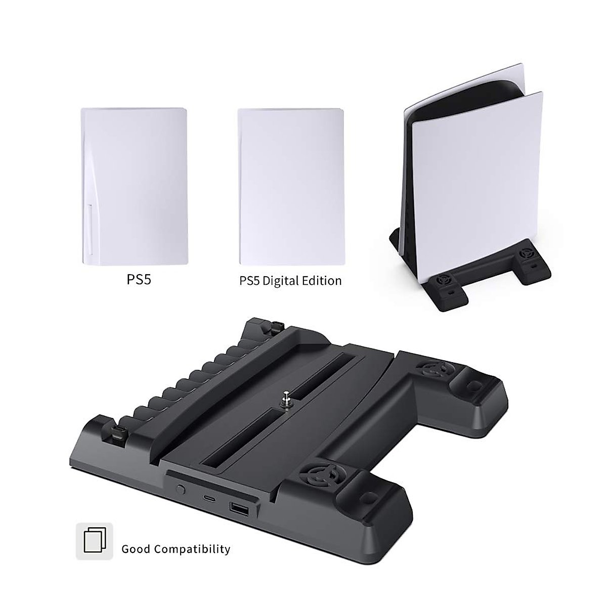 ECHZOVE PS5 Stand with Controller Charger and Cooling Fan, PS5 Digital/Disc Version Stand, PS5 Controller Charger with USB C Cable, PS5 Cooling Stand - White