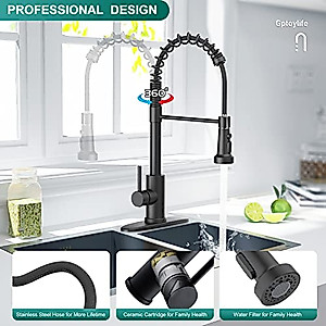 Gptoylife Kitchen Spring Faucets with Pull Down Sprayer-3 Functions Sprayer Commercial Kitchen Sink Faucets | Stainless Steel Single Handle Matte Black Kitchen Faucets for RV Utility Sink with Deck