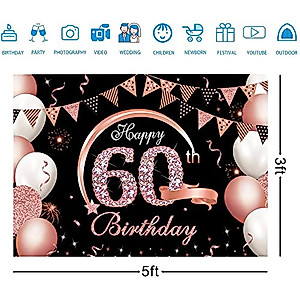 5x3ft Happy 60th Birthday Banner Backdrop Rose Gold 60th Birthday Decorations for Women 60 Birthday Sign Party Supplies Sixty Year Old Birthday Theme Poster Decor Photography Background