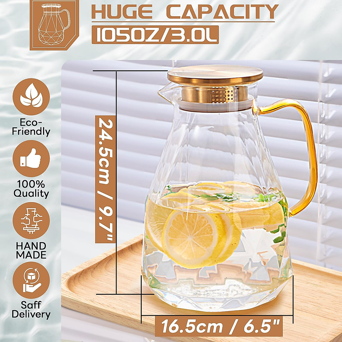 Yirilan Glass Pitcher, 3 Liter Water Pitcher With Lid, Iced Tea Pitcher for Fridge, Glass Water Carafe With Lid, Glass Water Jug, Large Drink Pitcher For Juice, Milk, Cold Or Hot Beverages