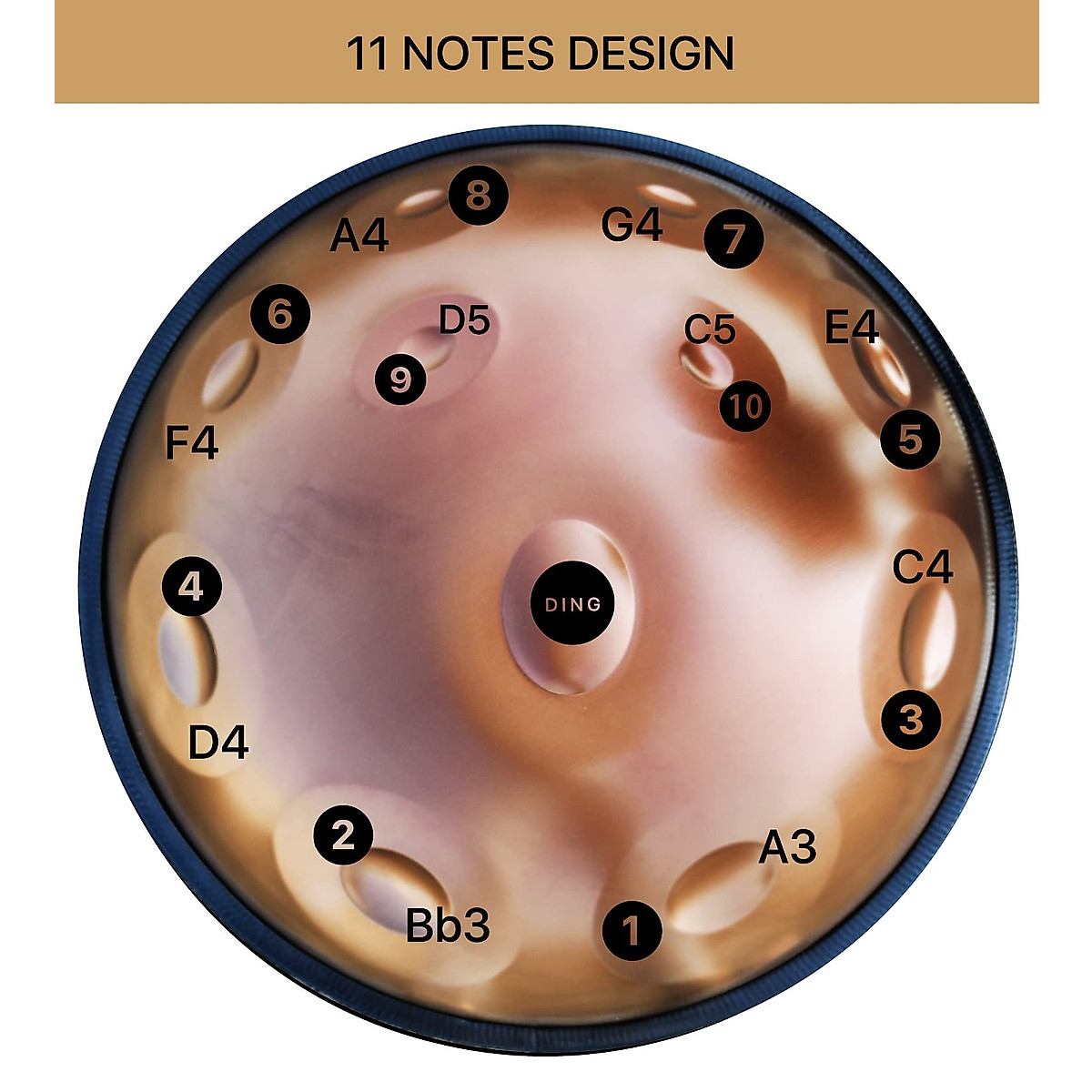 YuElinG 432hz Handpan Drum YuELinG Gold 11 Notes 22 inch in D Celtic Minor with Soft handpan case, Durable handpan Stand