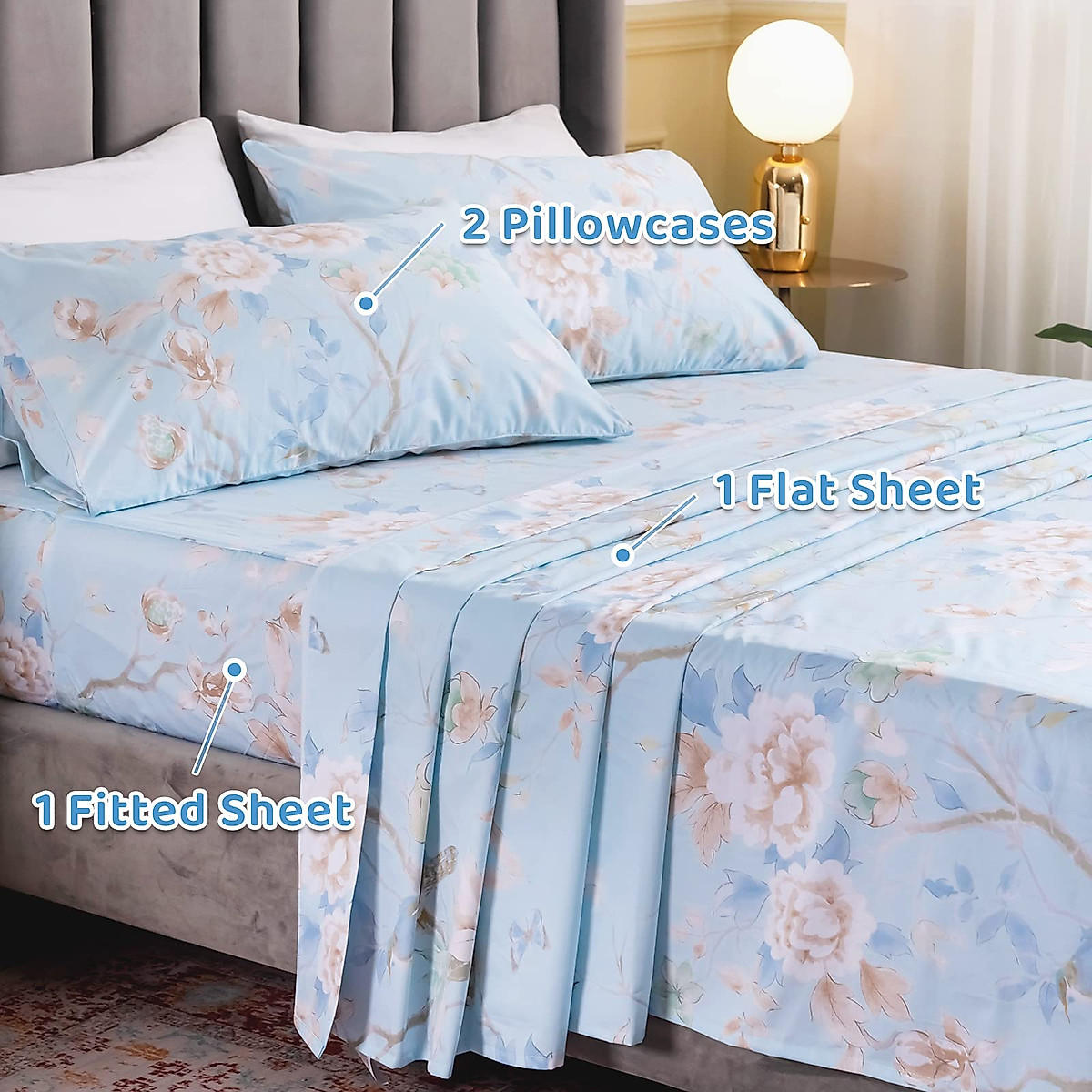QSH 100% Egyptian Cotton Sheets Full Size Set, Blue Bird Plant Pattern Botanical Luxury Cotton Printed Bedding Floral Full Bed Sheets Extra Soft and Breathable 4pcs Deep Pockets Sheets