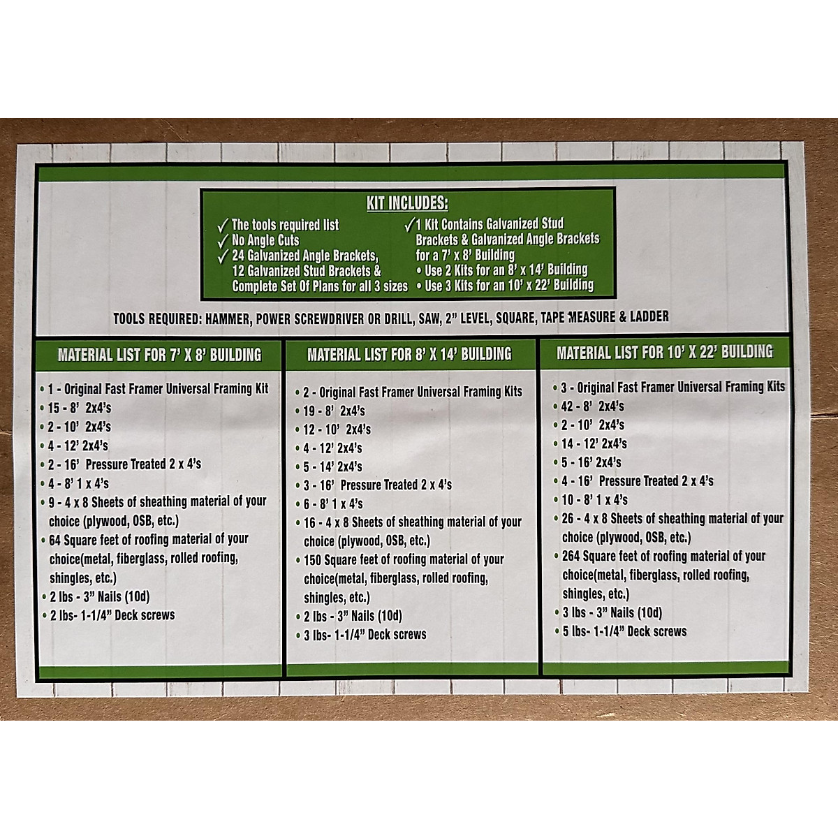 Storage Shed. Build Your Own Shed. DIY Shed Kit. The Original Fast Framer Shed Bracket Kit. Includes Brackets and Complete Set of Plans. Expandable with Multiple Kits. Made in The USA. No Angled Cuts