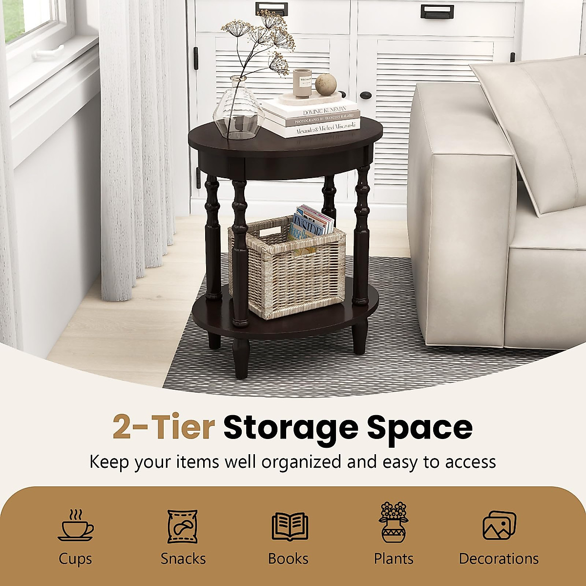 GOFLAME 2-Tier Oval End Table, Sofa Side Table with Storage Shelf, Solid Wood Legs, Modern Accent Table, Compact Nightstand for Living Room, Bedroom, Small Space, Espresso