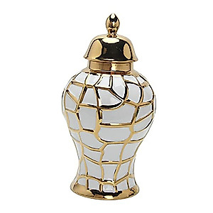 Gralara Luxury Vase Ceramic Ginger Jar with Lid, Decorative Temple Jar, Tea Tin/Tea Storage Flower Vase for Home Kitchen Dining Decoration, White Gold
