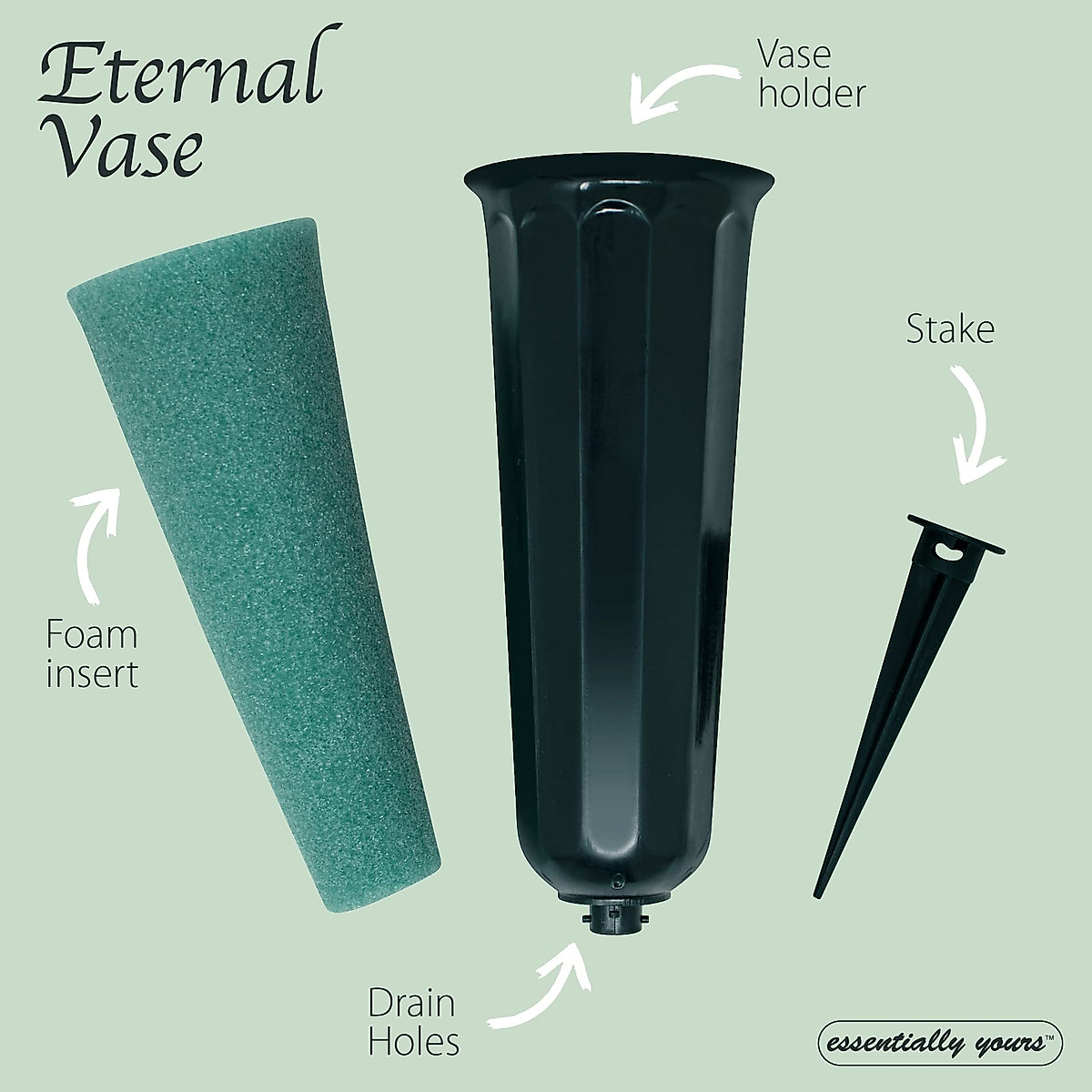 Essentially Yours Memorial Floral Vases with Foam Included - (Green, 6 Pack) | Outdoor In Ground Vases with Stakes, for Fresh and Artificial Flowers