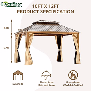 GAZEBEST 10'x12' Hardtop Gazebo Outdoor Aluminum Patio Gazebo Double Roof Galvanized Steel Gazebo Canopy Wooden Finish Coated with Netting and Curtains,for Garden Patio,Patio Backyard,Deck and Lawns
