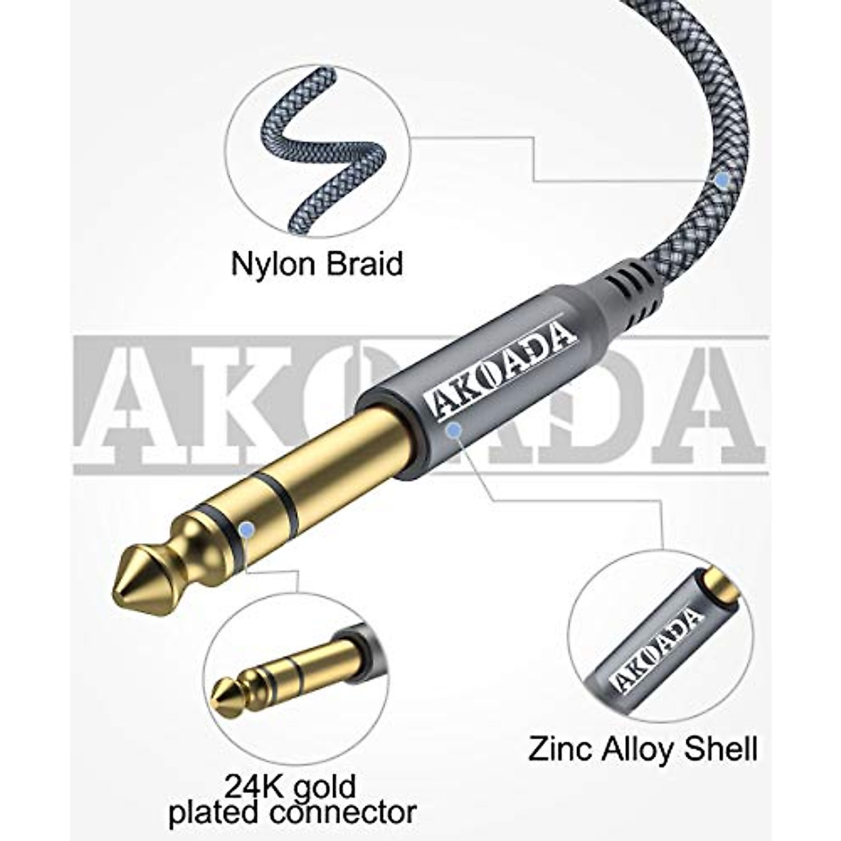 AkoaDa 1/4 to 1/8 Cable Stereo Audio Cable 【10ft】6.35mm 1/4" Male to 3.5mm 1/8" Male TRS Bidirectional Stereo Audio Cable Jack for Guitar, iPod, Laptop, Home Theater Devices, Amplifiers(Grey)