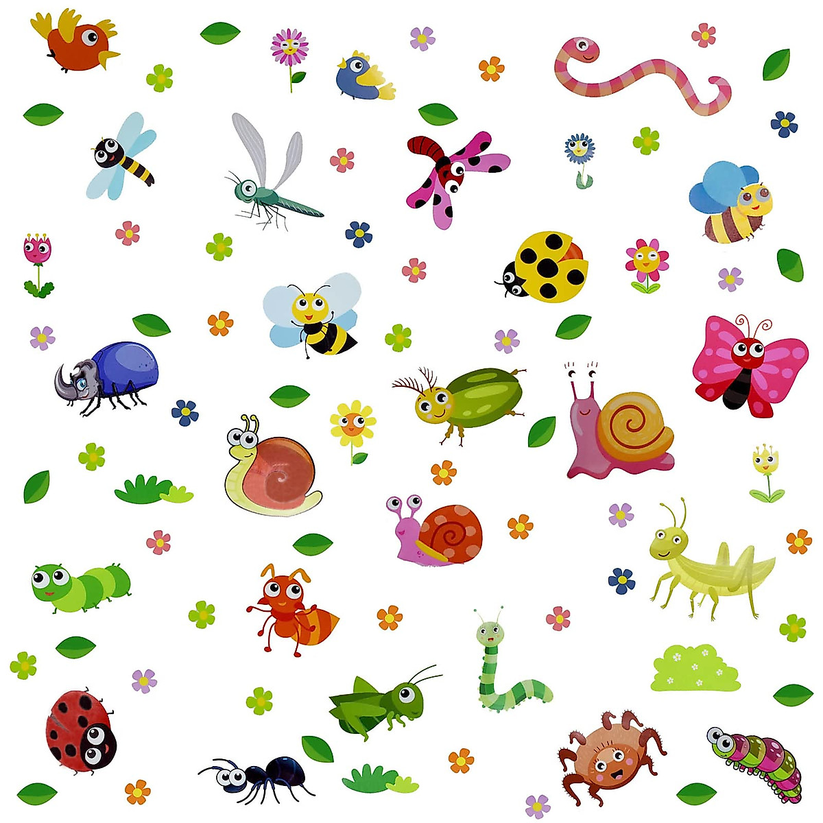 Maydahui Cartoon Insect Wall Decals Stickers (50 x 50 Inch) Butterfly Ant Flower Leaf Caterpillar Ladybug Dragonfly Mantis Snail Bird Little Bee Snake Cloud Butterfly DIY Removable Cute Animals Wall