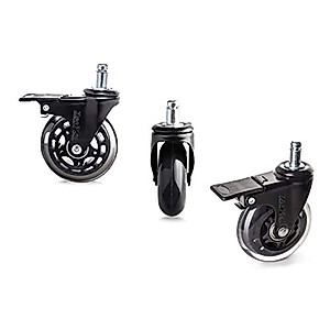 DOES NOT FIT IKEA CHAIRS - Caster Wheels with Brakes - 5 Pieces 3" Locking Office Chair Wheels - Quiet Rollerblade Style PU Rubber Heavy Duty Wheels - Work on Hardwood & Tile Floors & LOW PILE CARPET