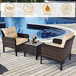 DORTALA 3 Piece Patio Furniture Set, Outdoor Rattan Wicker Conversation Set with Cushions, Glass Top Coffee Table for Garden Balcony Poolside, Brown