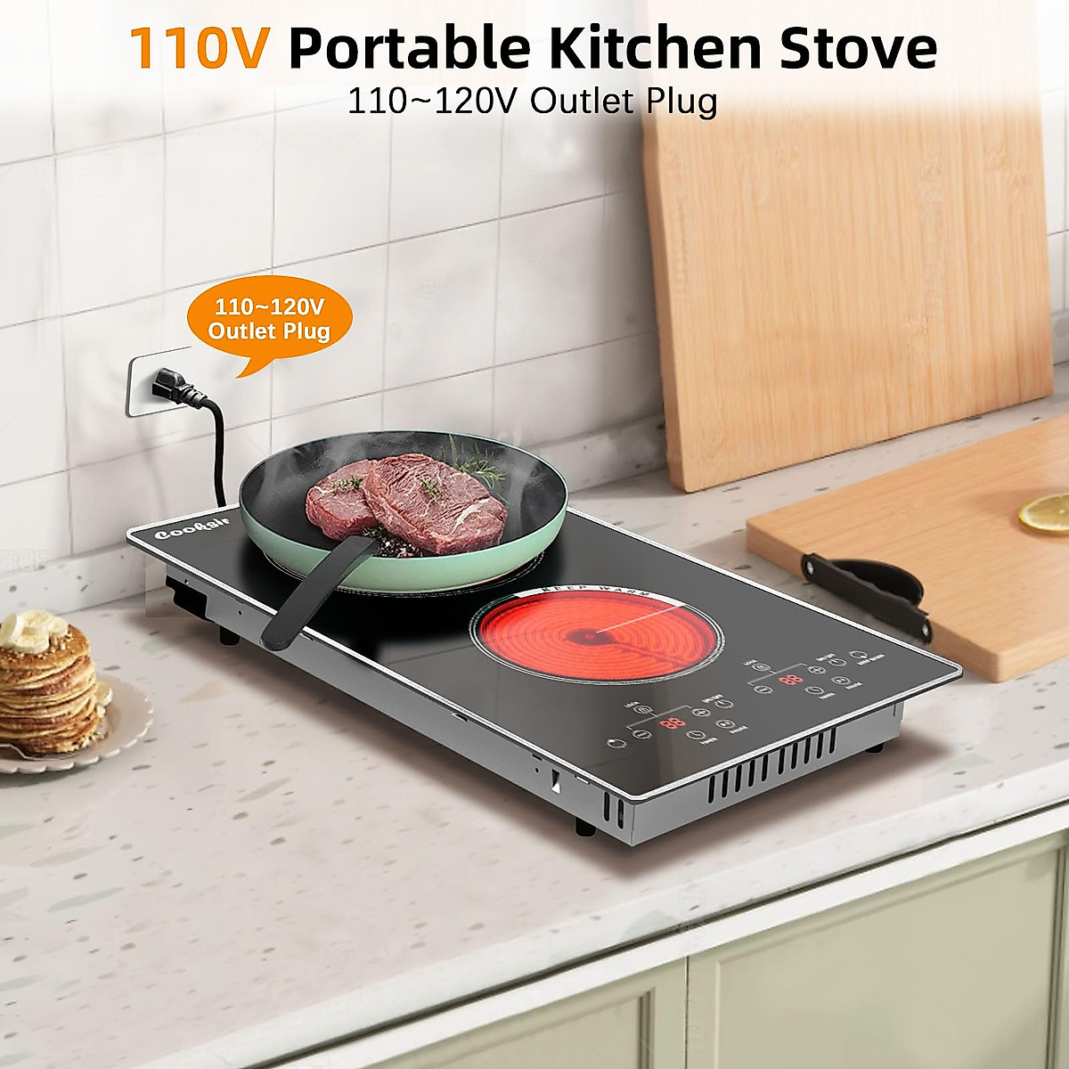 Cooksir Portable Electric Cooktop 2 Burner, 110V Plug in Electric Stovetop with Protective Full Metal Edge, 12 Inch Countertop & Built-in Ceramic Cooktop with Safety Lock, Timer, Sensor Touch