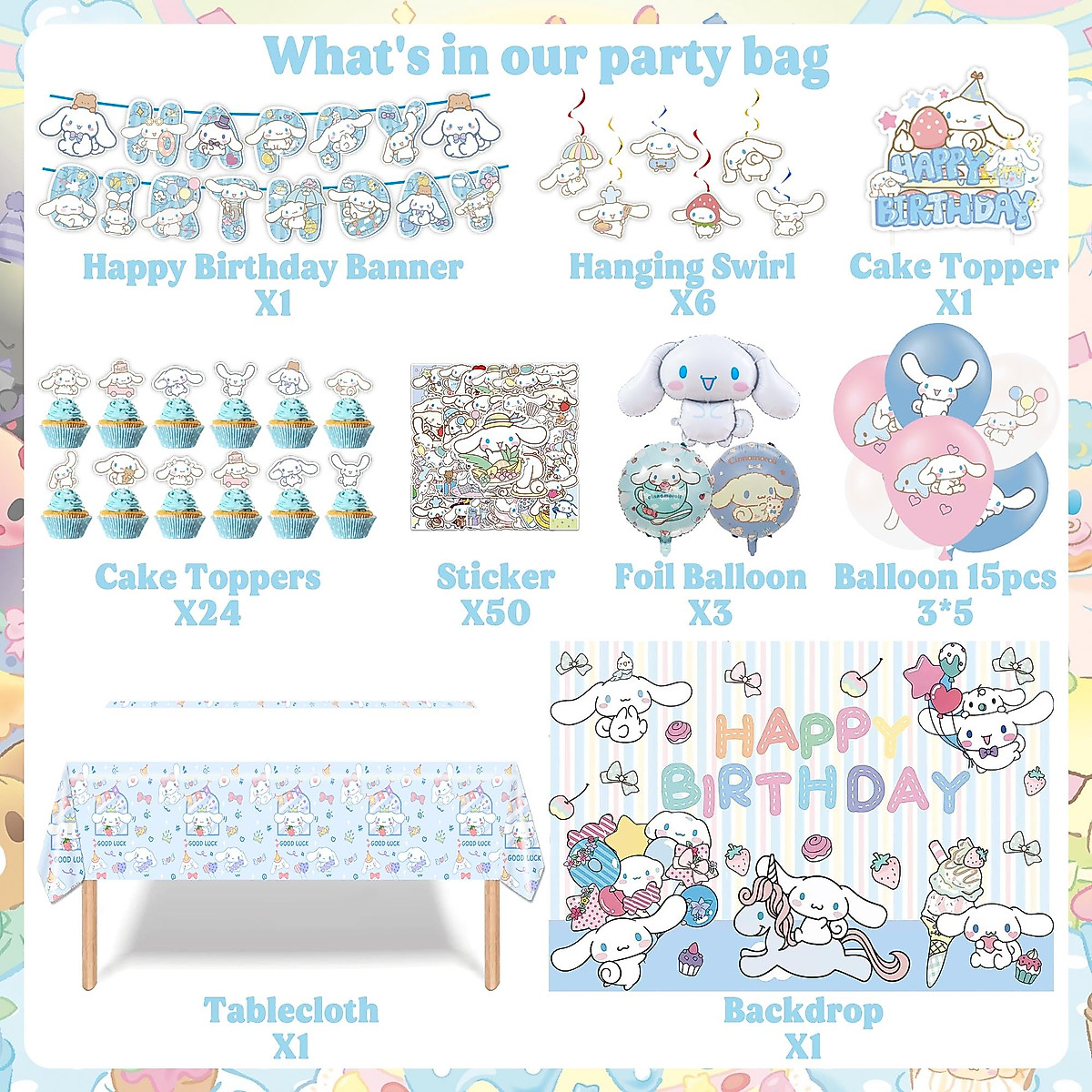 Kawaii Party Decorations Include HAPPY BIRTHDAY Banners, Hang Swirls, Balloons, Backdrop, Tablecloth, Cake Decoration, Stickers, Kawaii Party Supplies, Kawaii Party Favors