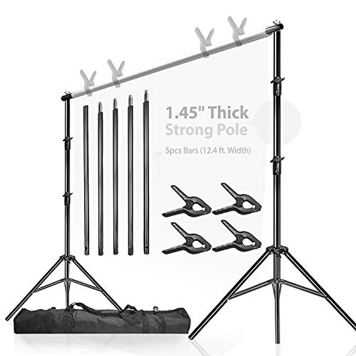 LimoStudio (Heavy Duty) 12.4 ft. Wide x 10 ft. Tall Backdrop Stands, High Stability with 1.45" Thick Pole, Adjustable Width & Length, Background Support System Kit with Super Spring Clamps, AGG1782