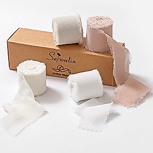 Serwalin 4 Rolls Handmade Fringe Chiffon Silk Ribbon 1.5" x 7Yd Gauze Frayed Edges Nude & White Ribbons Set 28 Yards for Gift Wrapping, Wedding Invitations, Bridal Bouquets,DIY Crafts Decor