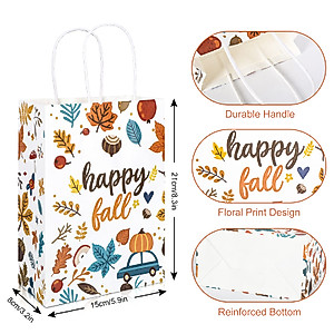 AnyDesign 16Pcs Happy Fall Gift Bags Maple Leaves Pumpkin Paper Bags with Handle for Thanksgiving Day Fall Themed Wedding Birthday Bridal Shower Party Favors, 5.9 x 8.3 x 3.2 Inch