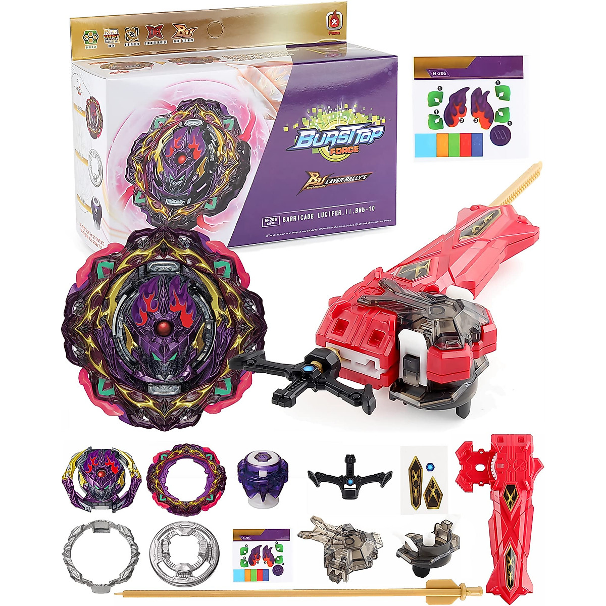 Desamvap Bey Battling Tops Burst B-206 Barricade Lucifer Illegal Bearing Mobius-10 with Sword Launcher Battle Game Set Right Spin DB Dynamite Layer System, Toys Gifts for Kids Children Boys