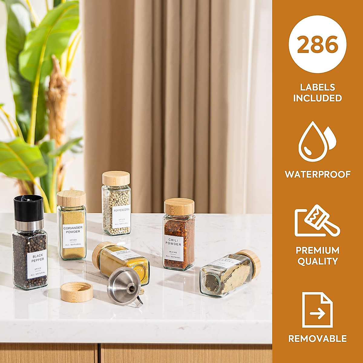 Weselljars 24 Pcs Spice Jars with Label, Thickened Glass Seasoning Jars with Bamboo Lids, Airtight Sealing Seasoning Bottles with Silicone Funnel for Easy Refilling, Spice Jars with Shaker Lids (24 Pcs Spice Jars)