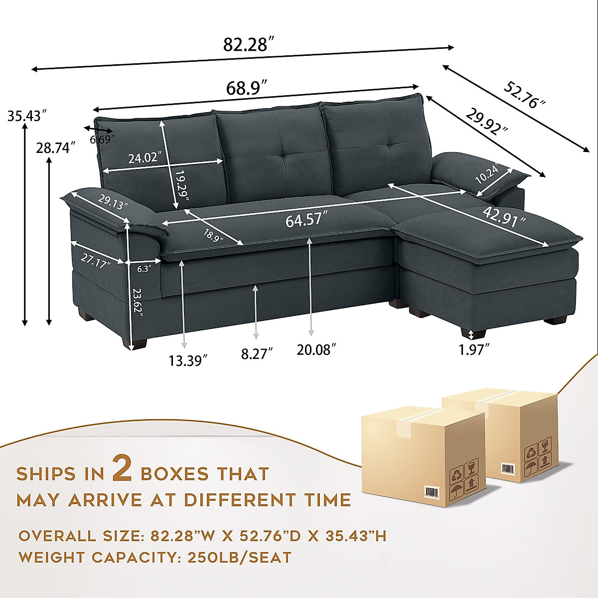 Chireca 82" Convertible Sectional Sofa, L-Shaped Comfy Cloud Couch with Reversible Chaise and Padded Armrests, Modern Polyester 3 Seat Sofa Couches for Living Room (Dark Grey)