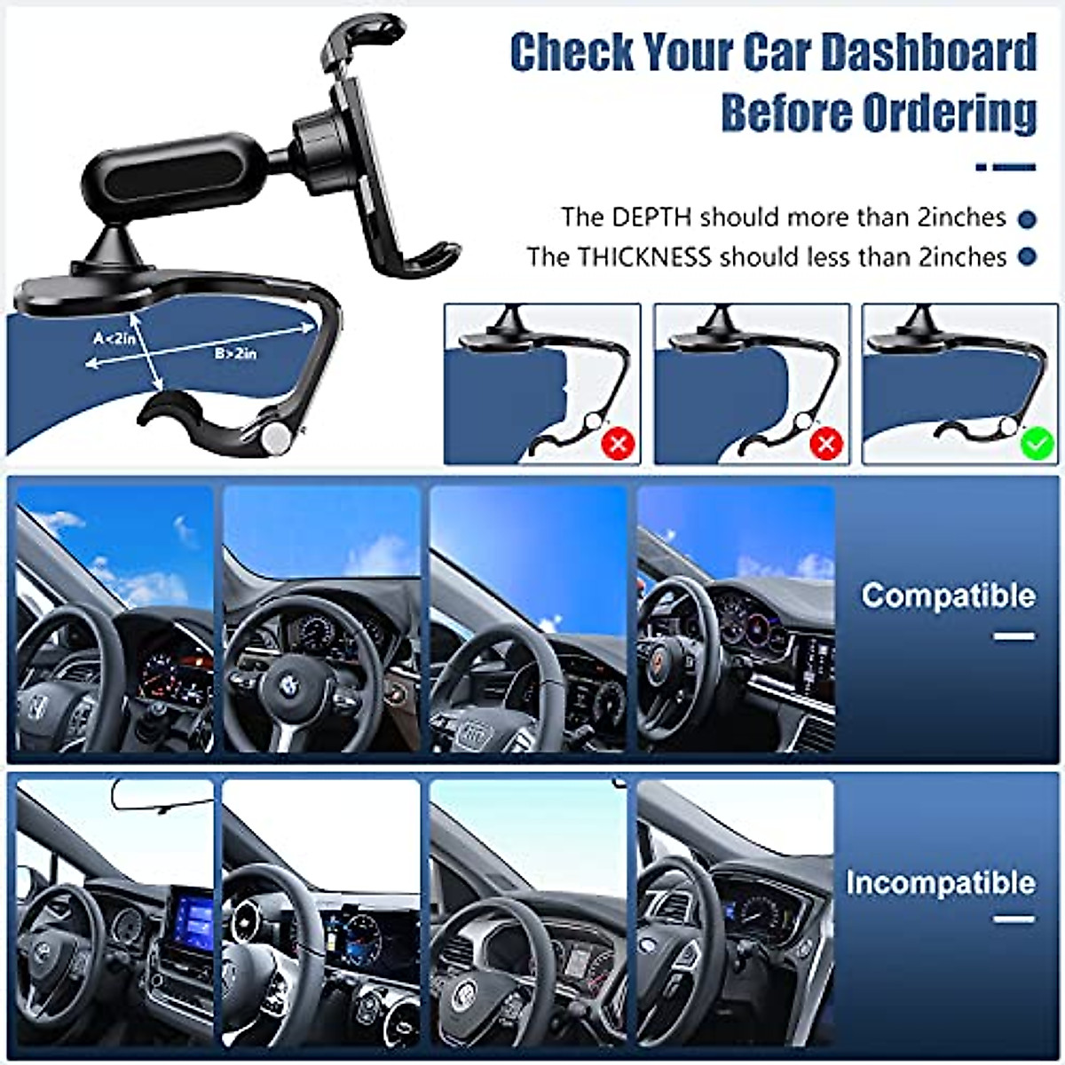 360 Degree Rotation Dashboard Cell Phone Holder for Car Clip Mount Stand Suitable for 4 to 7 inch Smartphones (Black)