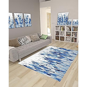 Contemporary Blue Large Rectangular Area Rugs 5' x 7' Living Room, Abstract Rustic Painting Art Durable Non Slip Rug Carpet Floor Mat for Bedroom Bedside Outdoor