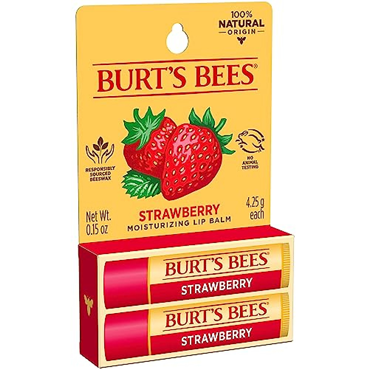 Burt's Bees Lip Balm - Strawberry, Lip Moisturizer With Responsibly Sourced Beeswax, Tint-Free, Natural Origin Conditioning Treatment, 2 Tubes, 0.15 oz.