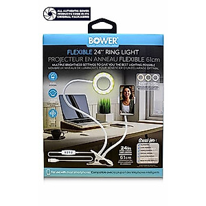 BOWER 24 Inch Clip on Desk Ring Light - Flexible Arms, 36 LED Lighting with 3 Light Modes and 10 Brightness Levels, Heavy Duty Clamp, and Built-In Phone Holder