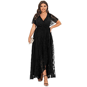 Ever-Pretty Plus Women's V Neck Ruffles Sleeves Pleated Lace Summer Plus Size Semi Formal Dress for Curvy Women Black US20