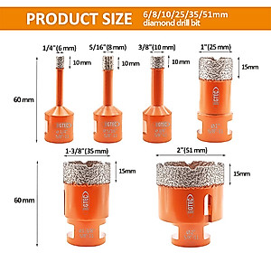 BGTEC 6pcs Dry Diamond Core Drill Bits Set for Porcelain Tile Ceramic Marble Brick Hole Saw Mixed 6/8/10/25/35/50MM