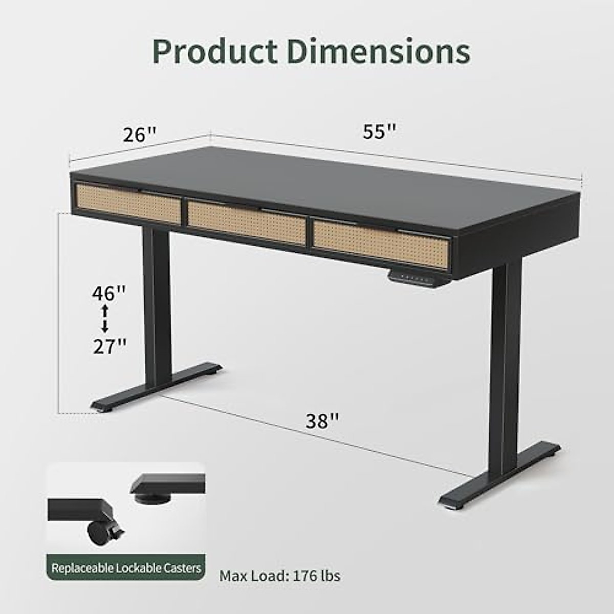 FEZIBO 55X26 Inches Boho Style Height Adjustable Electric Standing Desk with 3 Rattan Drawers, Stand up Desk with Large Storage Space, White（2 Packages）
