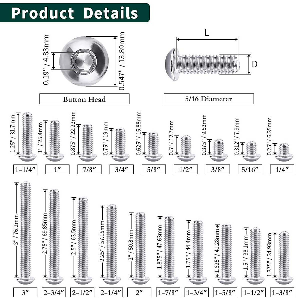 5/16-18 x 1" Button Head Socket Cap Bolts Screws, 304 Stainless Steel 18-8, Full Thread, Coarse Thread, Allen Hex Drive, 20 PCS