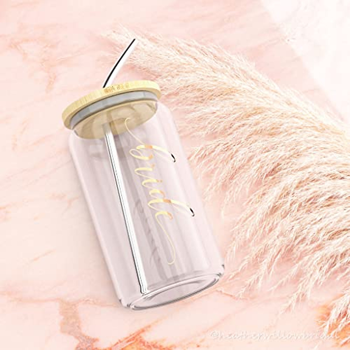 Bride to Be Iced Coffee Cup with Bamboo Lids and Straws | 16 oz Mason Jar Cups | Bridesmaid Proposal Gifts, Bridal Shower Favors, Bachelorette Party Supplies & Bride Tribe | Rose Gold - Set of 6