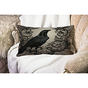 Smooffly Crow Throw Pillow Case Vintage Crow Black Flower Waist Lumbar Cotton Linen Cushion Cover Oblong Rectangle Pillowcase for Men Women Home Decorative Sofa Armchair Bedroom Livingroom 12x20 inch