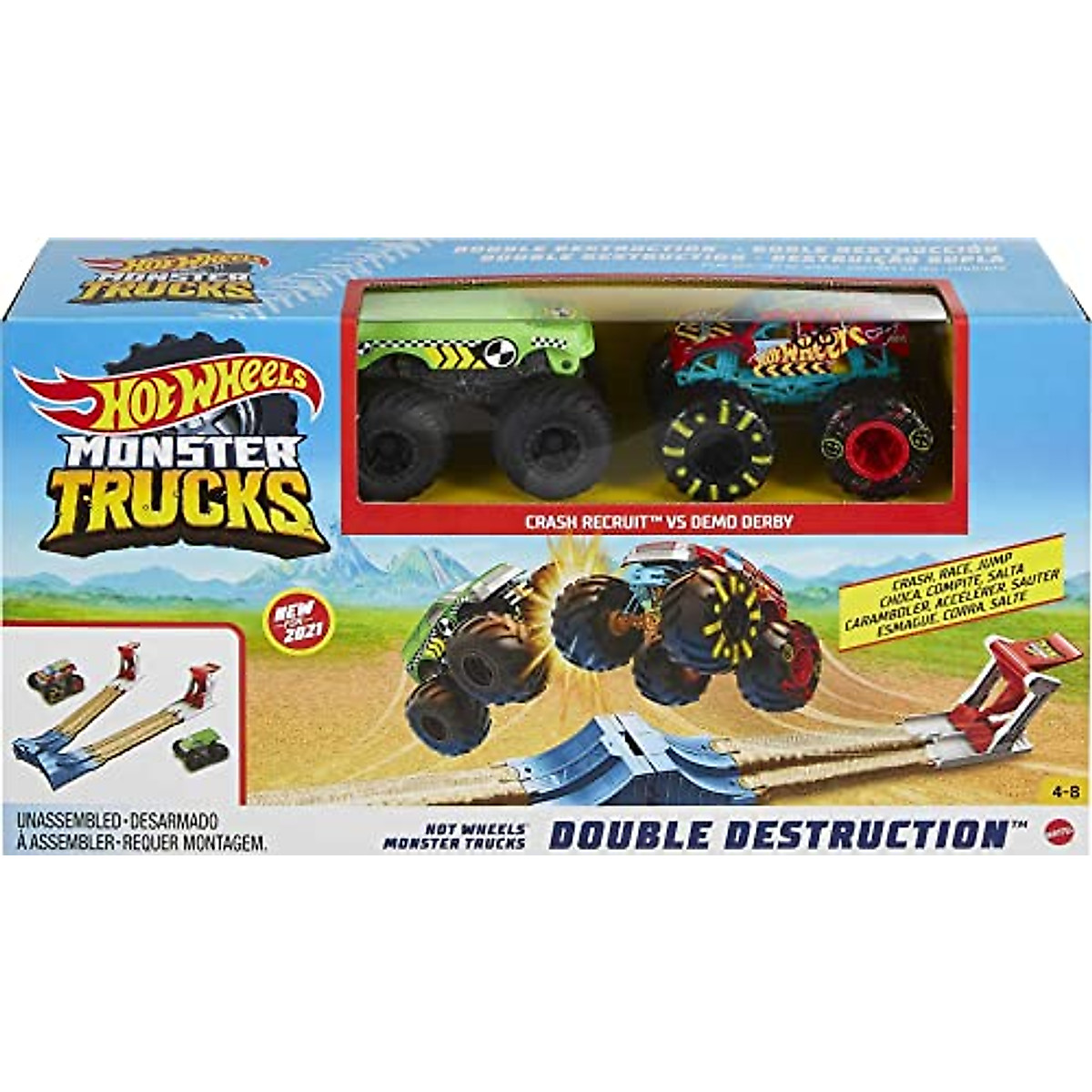 Hot Wheels Monster Trucks Double Destruction 3-in-1 Play Set with 1 1:64 Scale die-cast Metal Body Monster Truck, 1 Plastic Crash Dummy 2 Slam Launchers with Short Straight Tracks & Ramps