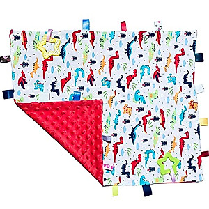 Big Tags Blanket for Babies, Soft Red Dinosaur Toddler Taggy Blanket, Cute Baby Security Blanket with Tags, 55x45CM/21.7x17.7INCHES
