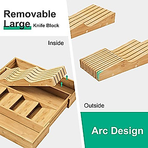 kiplant Bamboo Kitchen Drawer Organizer, Expandable Cutlery Tray Silverware Organizer with Large Knife Blocks for Silverware, Flatware, Knives, Utensil Organizer for Kitchen Drawers