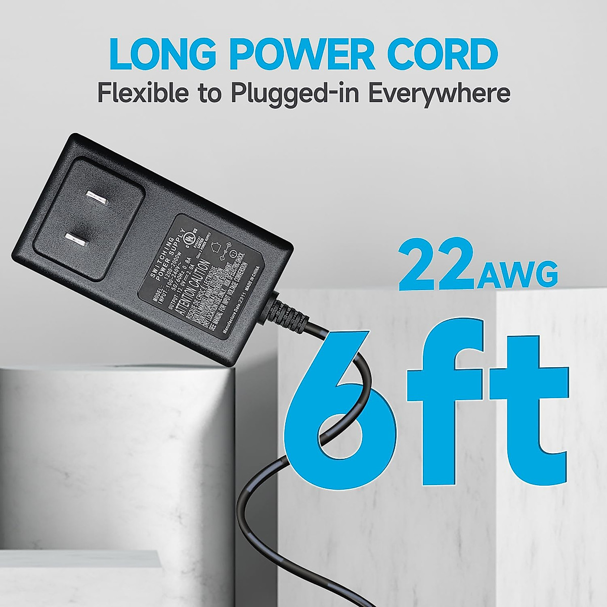 Power Adapter AC 100-240V to DC 12V 2A (2000mA) & 4-Way Power Splitter Cable for CCTV Security Camera/DVR/NVR/LED Strip Lights, UL/FCC/CE Certificated