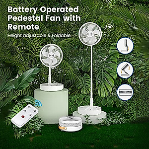Primevolve 10 inch Oscillating Fan with Remote, Battery Operated Fan Adjustable Height, USB Rechargeable- 4 Speeds, 8H Timer Setting for Bedroom Home Office Outdoor Camping Tent Travel, White