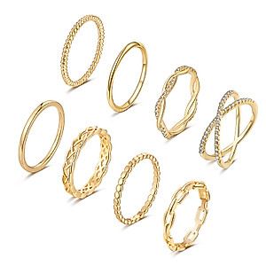 TOBENY 8PCS 14K Plated Gold Rings for Women Stackable Knuckle Rings Gold Silver Size 4 to Size 11 Rings 1.5mm- 3.8mm Midi Stacking Eternity Wedding Rings