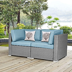 SUNCROWN 2-Piece Outdoor Patio Furniture Corner Sofa Set All-Weather Wicker Sectional Loveseats with Washable Cushions, Sky Blue
