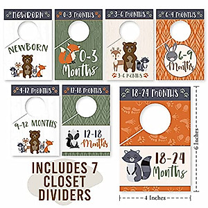 7 Woodland Baby Nursery Closet Organizer Dividers For Girls or Boys Clothing, Grey Age Size Hanger Organization For Kid, Toddler, Infant, Newborn Clothes Must Have, Shower Gift Supplies, 0-24 Months