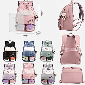 Girls Plaid Aesthetics Backpack Teens Lightweight Casual Bookbag Kawaii Travel Bag with Cute Accessories Schoolbag