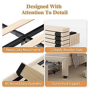 Sismplly King Size Bed Frame, Upholstered Platform Bed with Storage Drawers Headboard and Charging Station, Wooden Slats Support, No Box Spring Needed, Easy Assembly, Beige